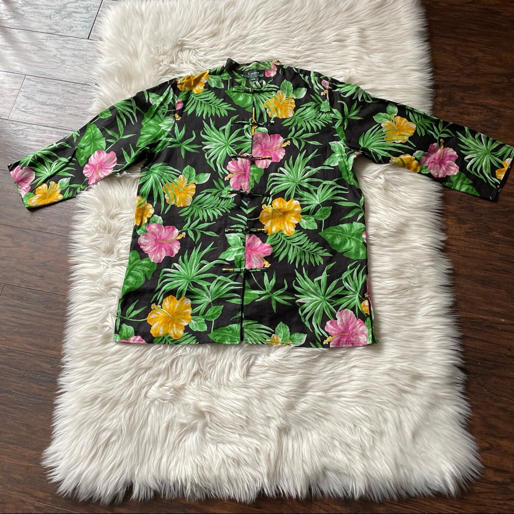 Lauren Ralph Lauren Tropical Floral Linen Tunic Top - Gem